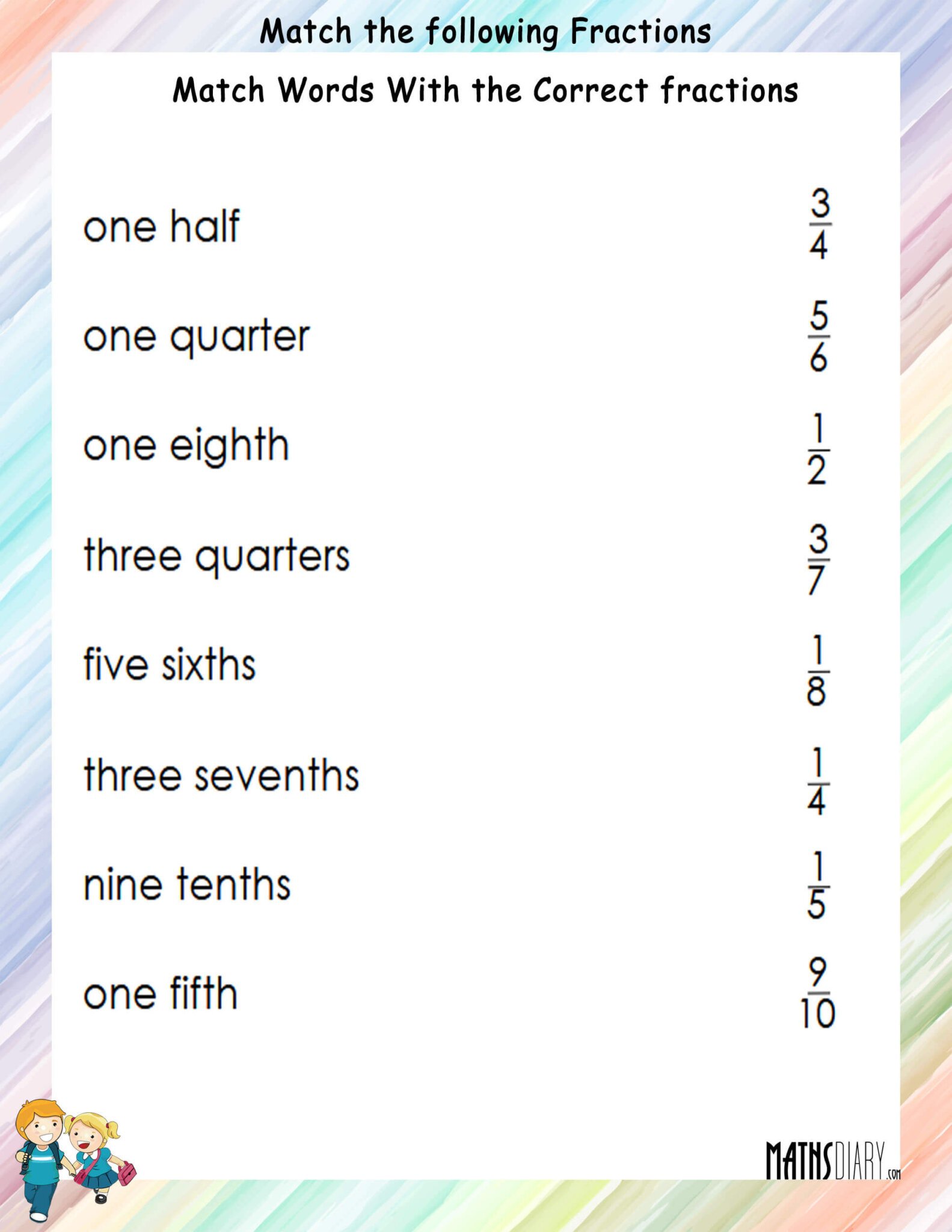 Match the correct fractions with Words Worksheets - Math Worksheets ...