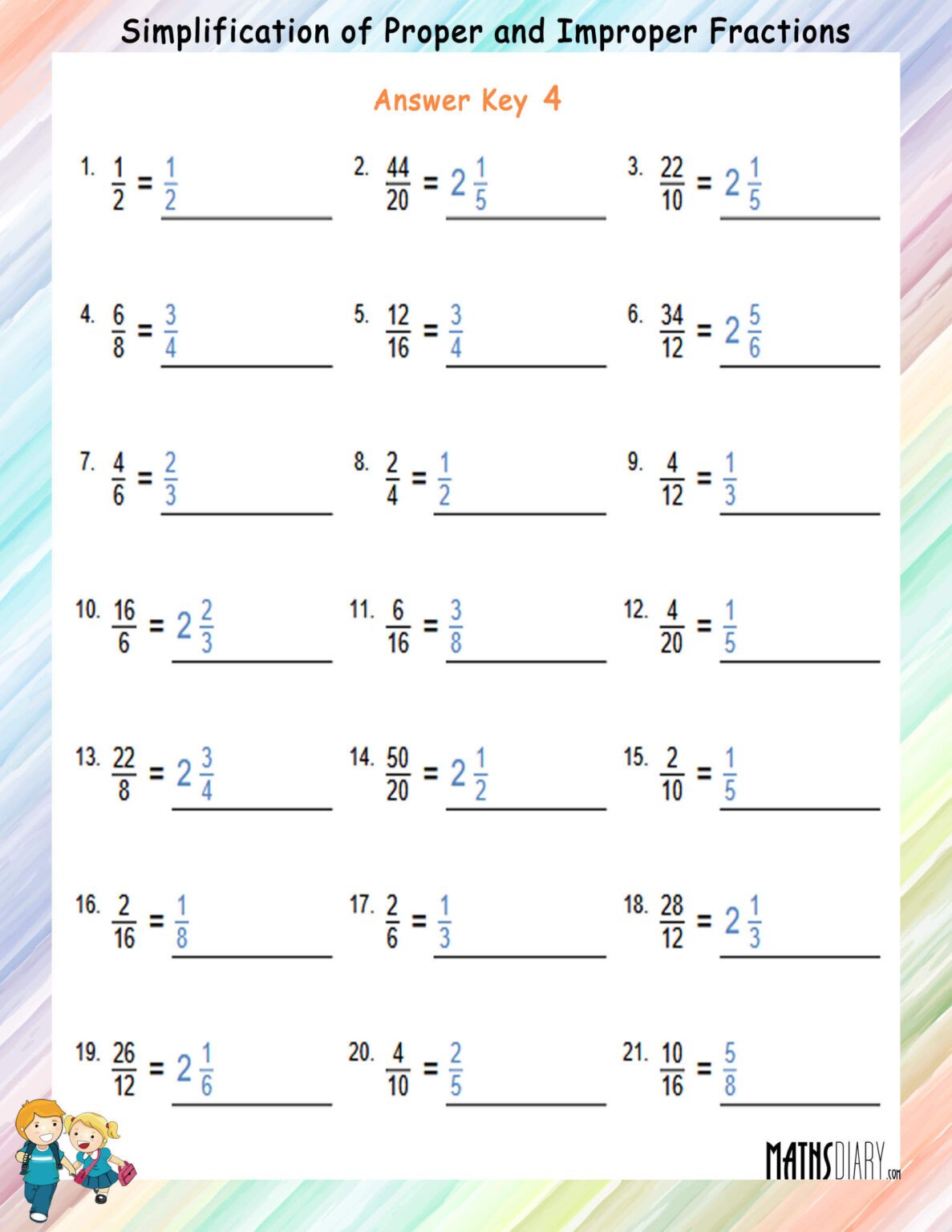 Simplification of Proper and Improper Fractions Worksheets - Math ...