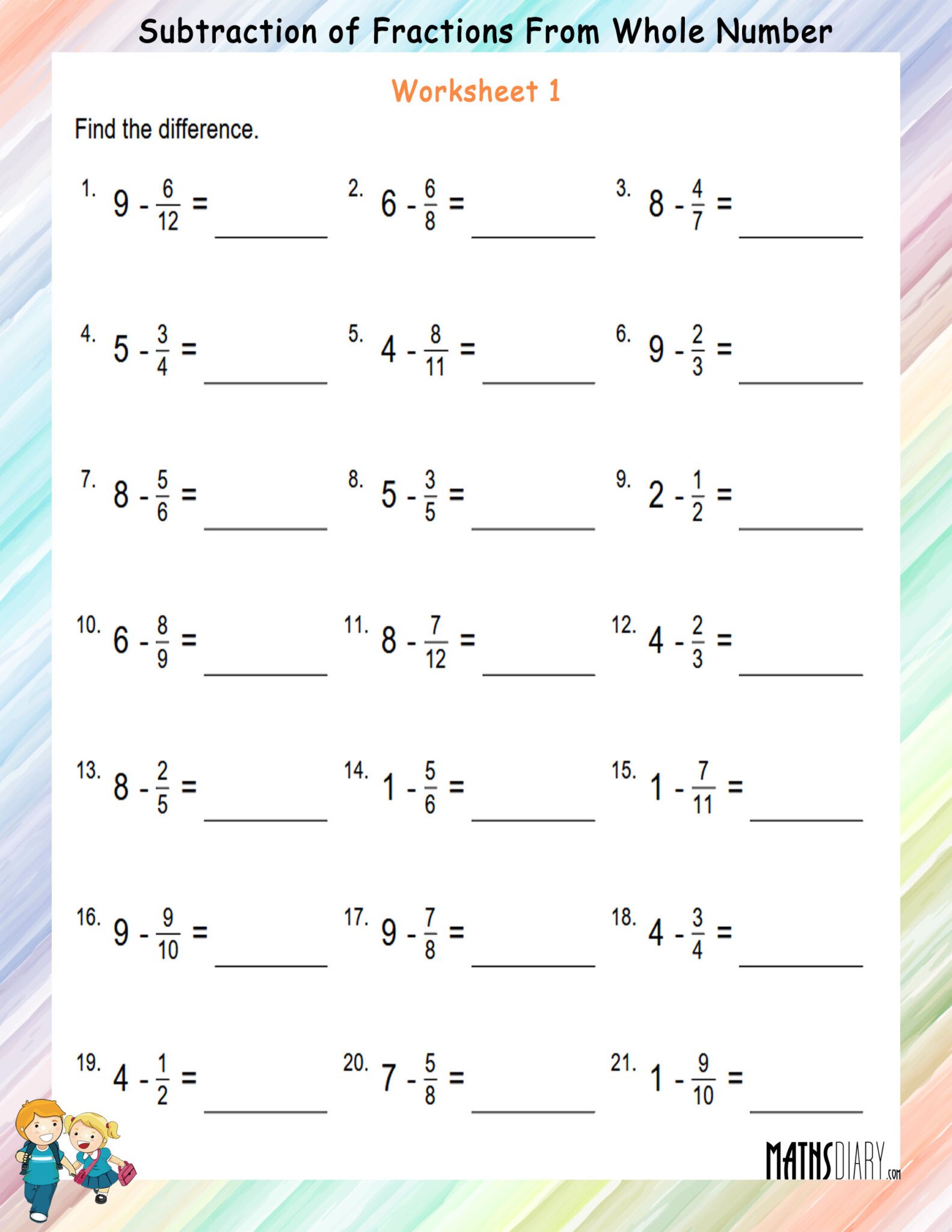 Subtraction of Fractions from Whole numbers - Math Worksheets ...