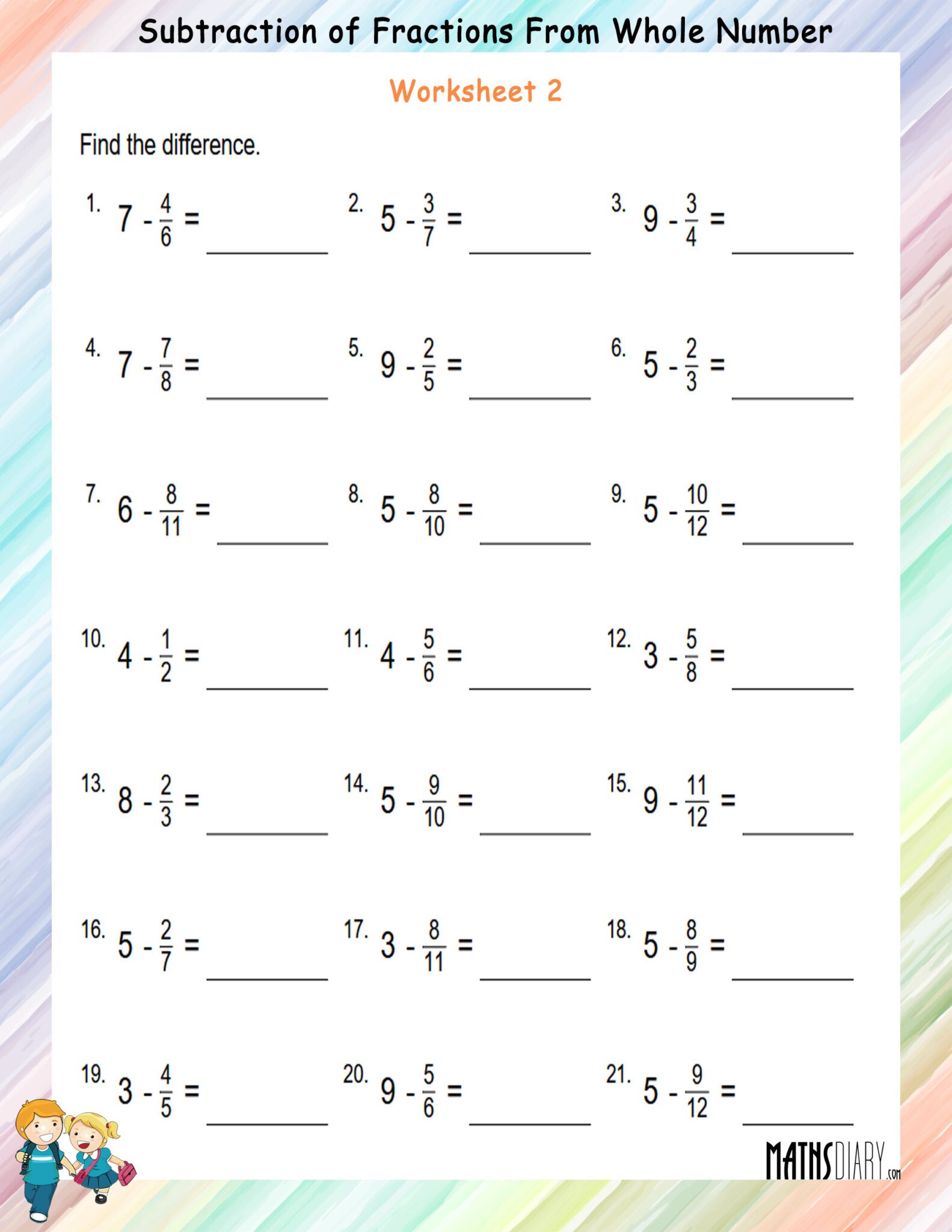 Subtraction of Fractions from Whole numbers - Math Worksheets ...