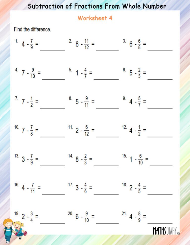 Subtraction of Fractions from Whole numbers - Math Worksheets ...